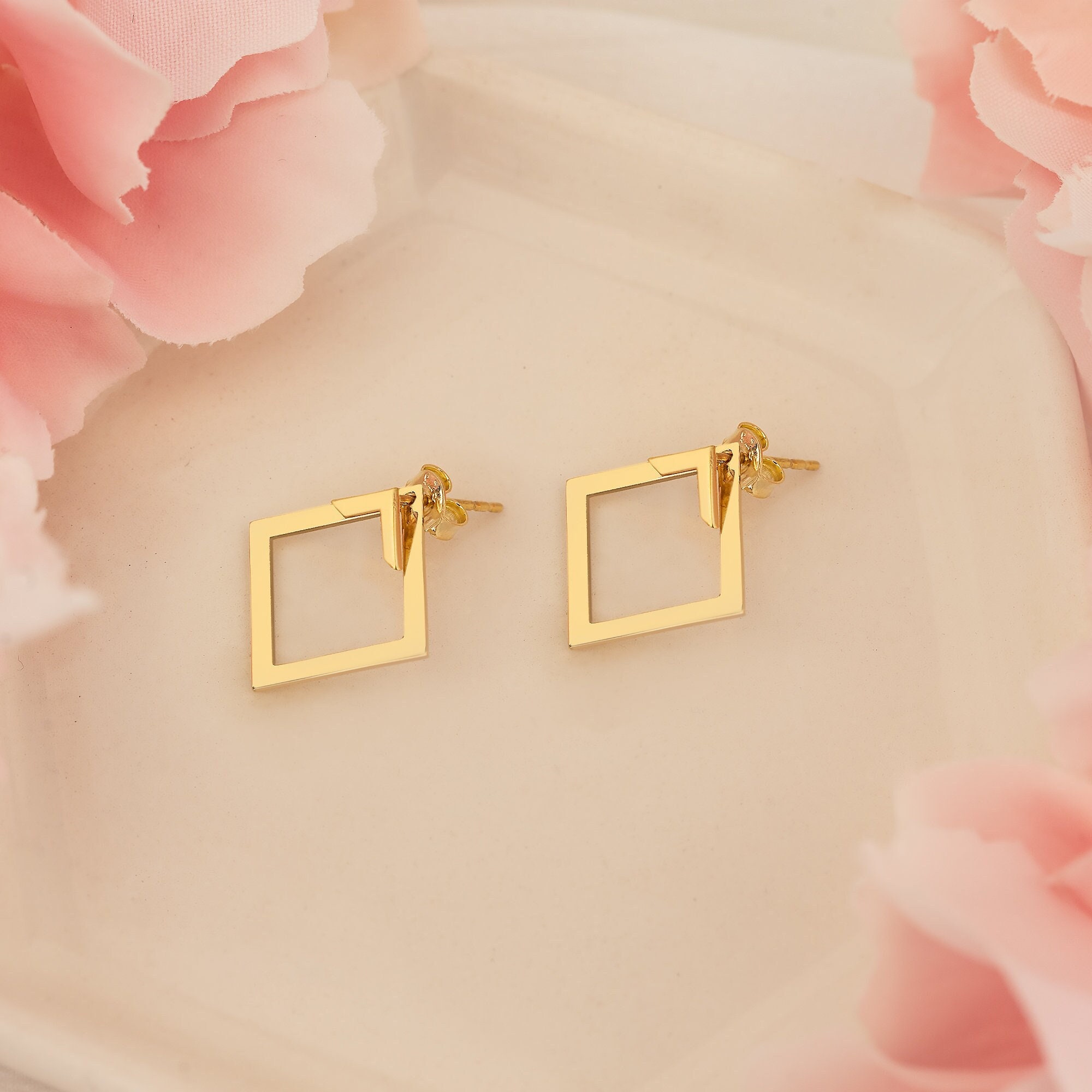 14K Solid Gold Geometric Square Ear Jacket Earrings - Minimalist Square ...