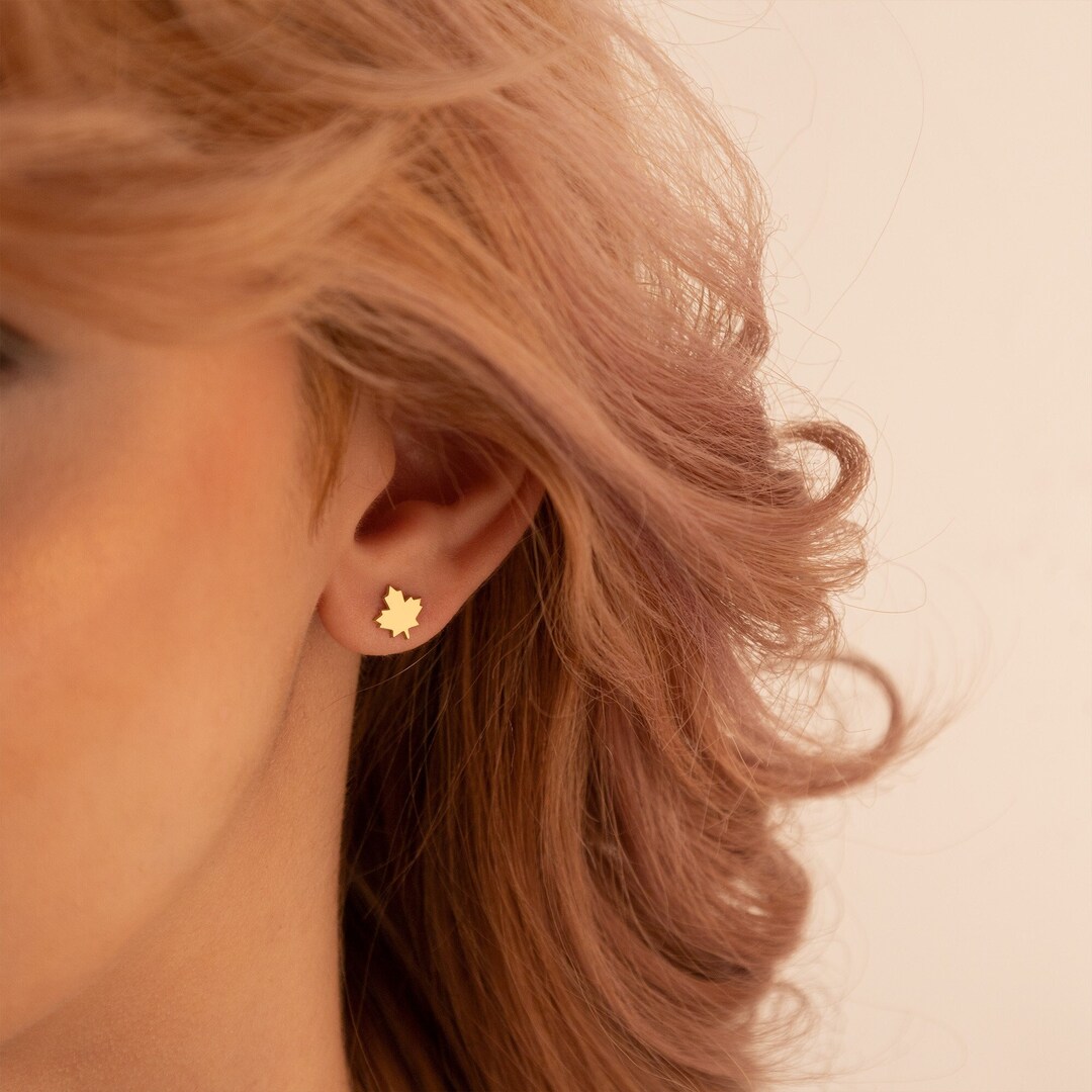 14K Solid Gold Maple Leaf Earrings - Real Gold Lucky Leaf Studs - 14K ...