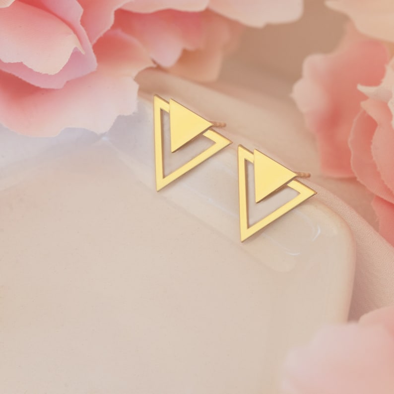 14K Solid Gold Geometric Triangle Stud Earrings - Minimalist Double ...