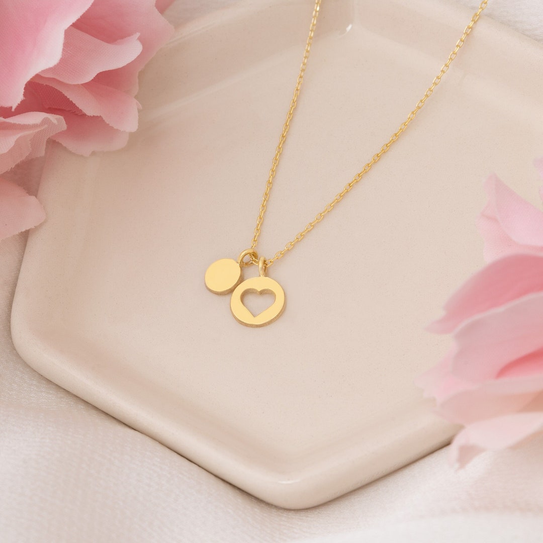 14K Solid Gold Minimalist Heart and Coin Necklace - 14K Gold Love ...