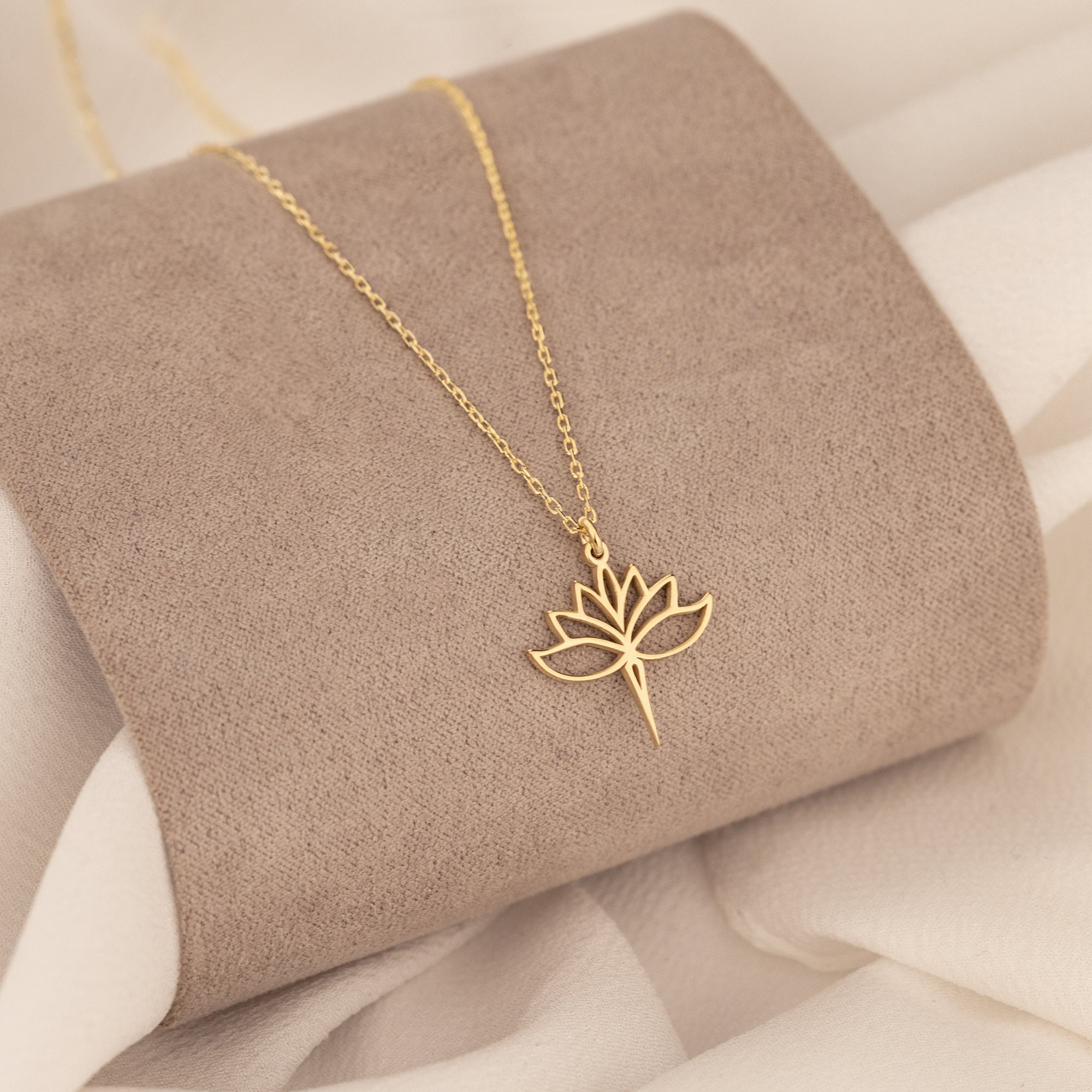 14K Gold Dainty Lotus Necklace Real Gold Lotus Flower Necklace Gift for ...