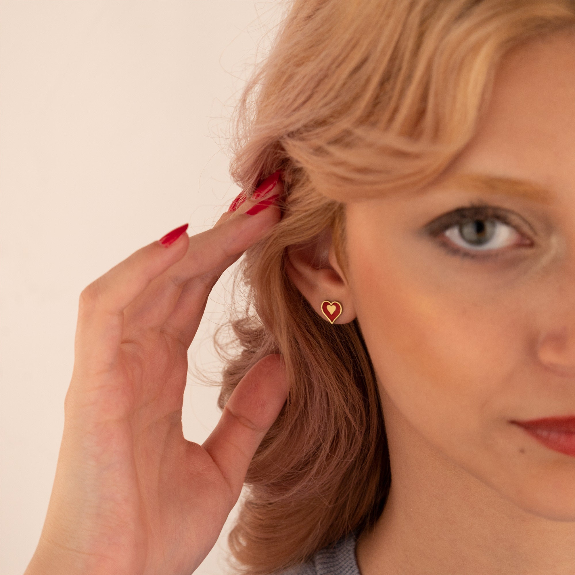 14K Solid Gold Hearts Studs Earrings Minimalist 9mm Heart Earlobe Earring 14K Gold Red Heart ...
