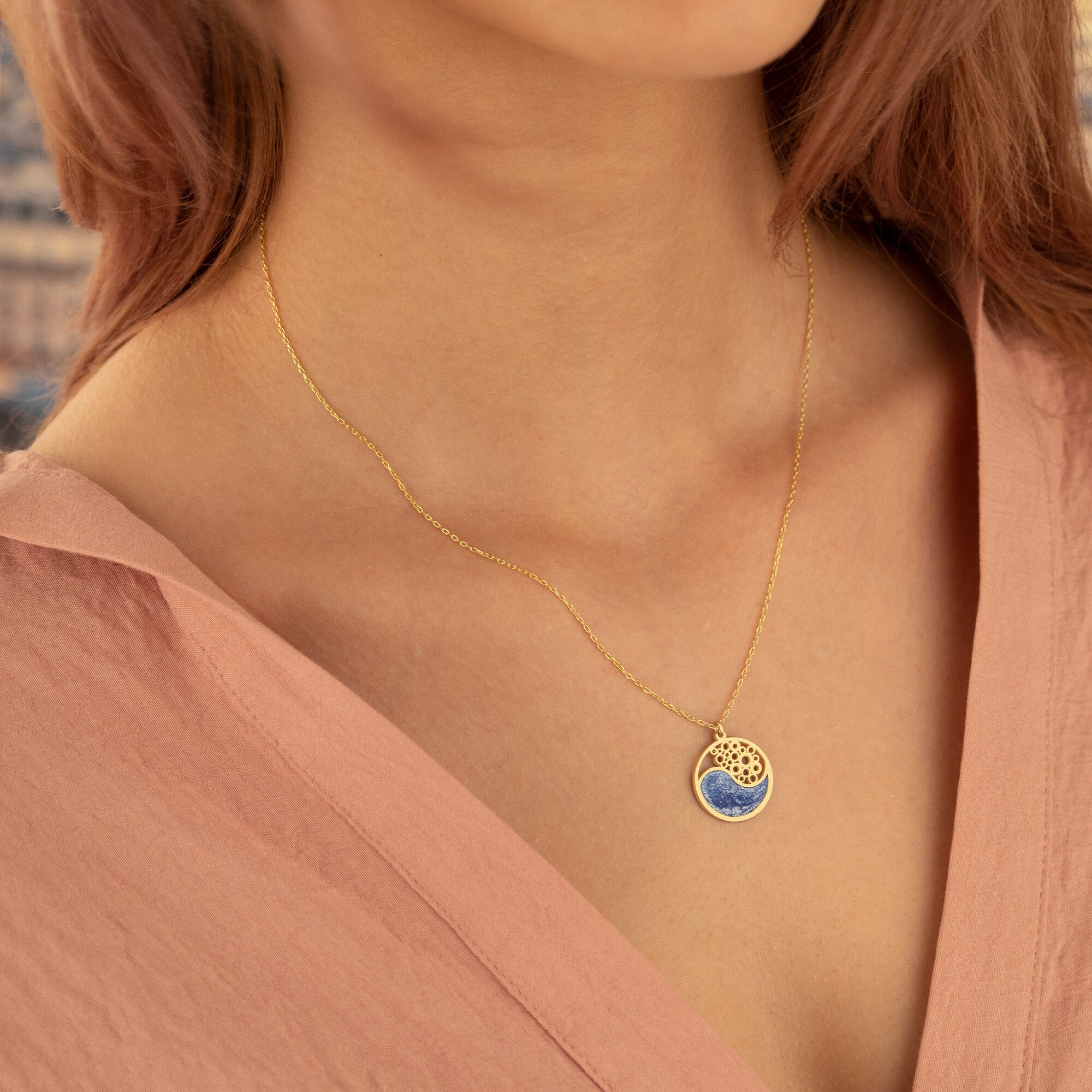 14K Solid Gold Wave Necklace Real Gold Blue Wave Surfing Necklace 14K ...