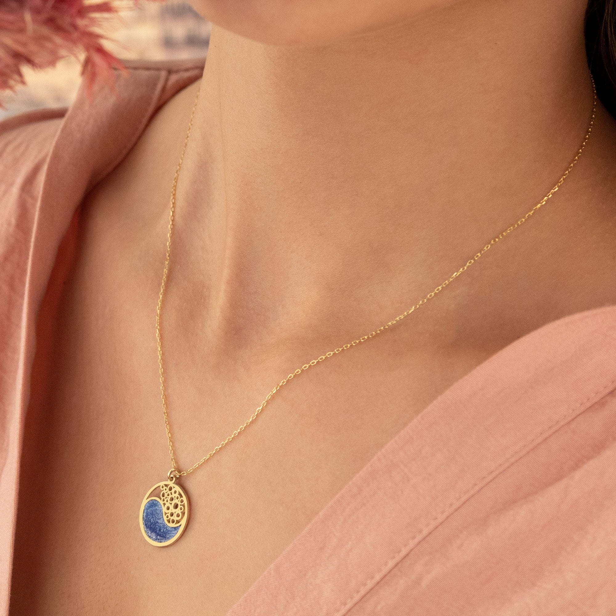 14K Solid Gold Wave Necklace Real Gold Blue Wave Surfing Necklace 14K ...