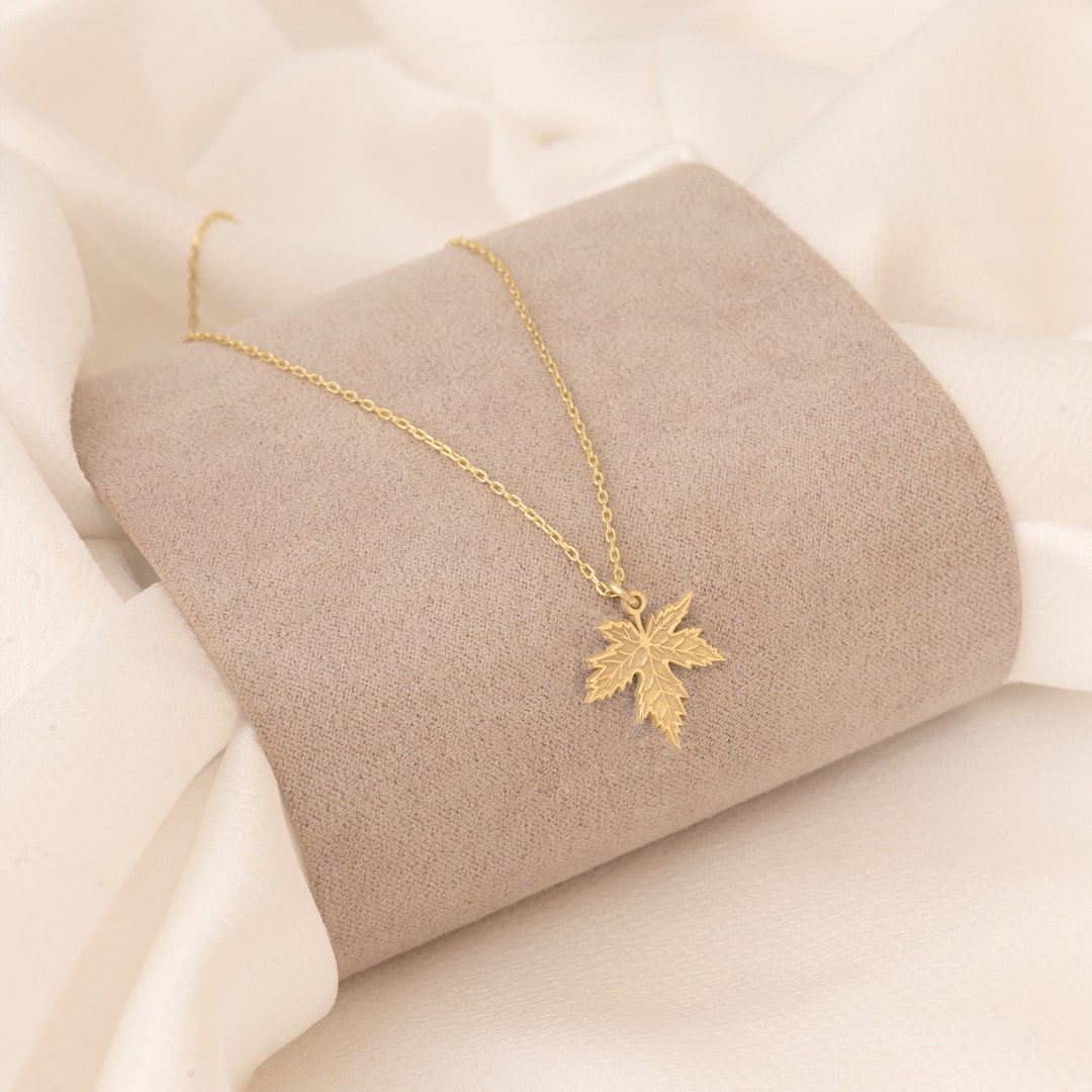 14K Solid Gold Maple Leaf Necklace - Real Gold Lucky Leaf Pendant - 14K ...