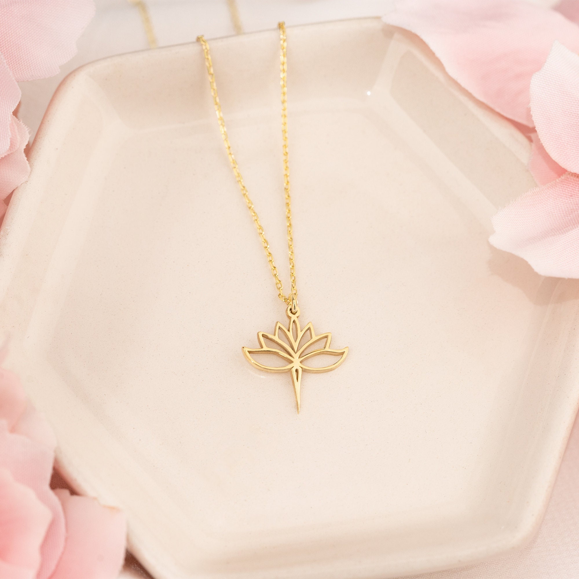 14K Gold Dainty Lotus Necklace Real Gold Lotus Flower Necklace Gift for ...