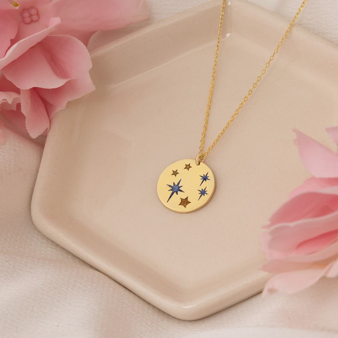 14K Gold North Star Necklace 14K Gold Enamel Stars Necklace Solid Gold ...