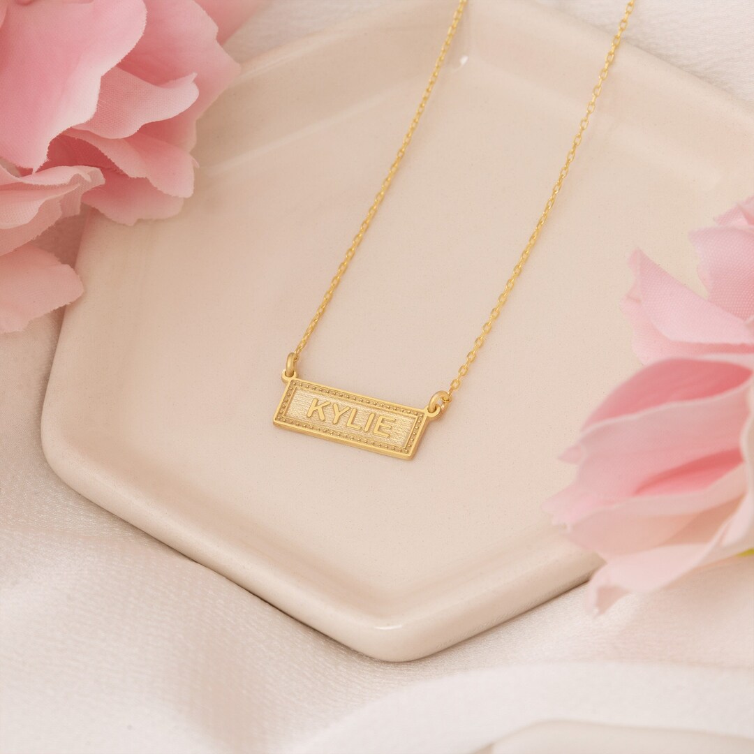 14K Solid Gold Minimalist Bar Name Necklaces 14K Gold Name Name Tag ...