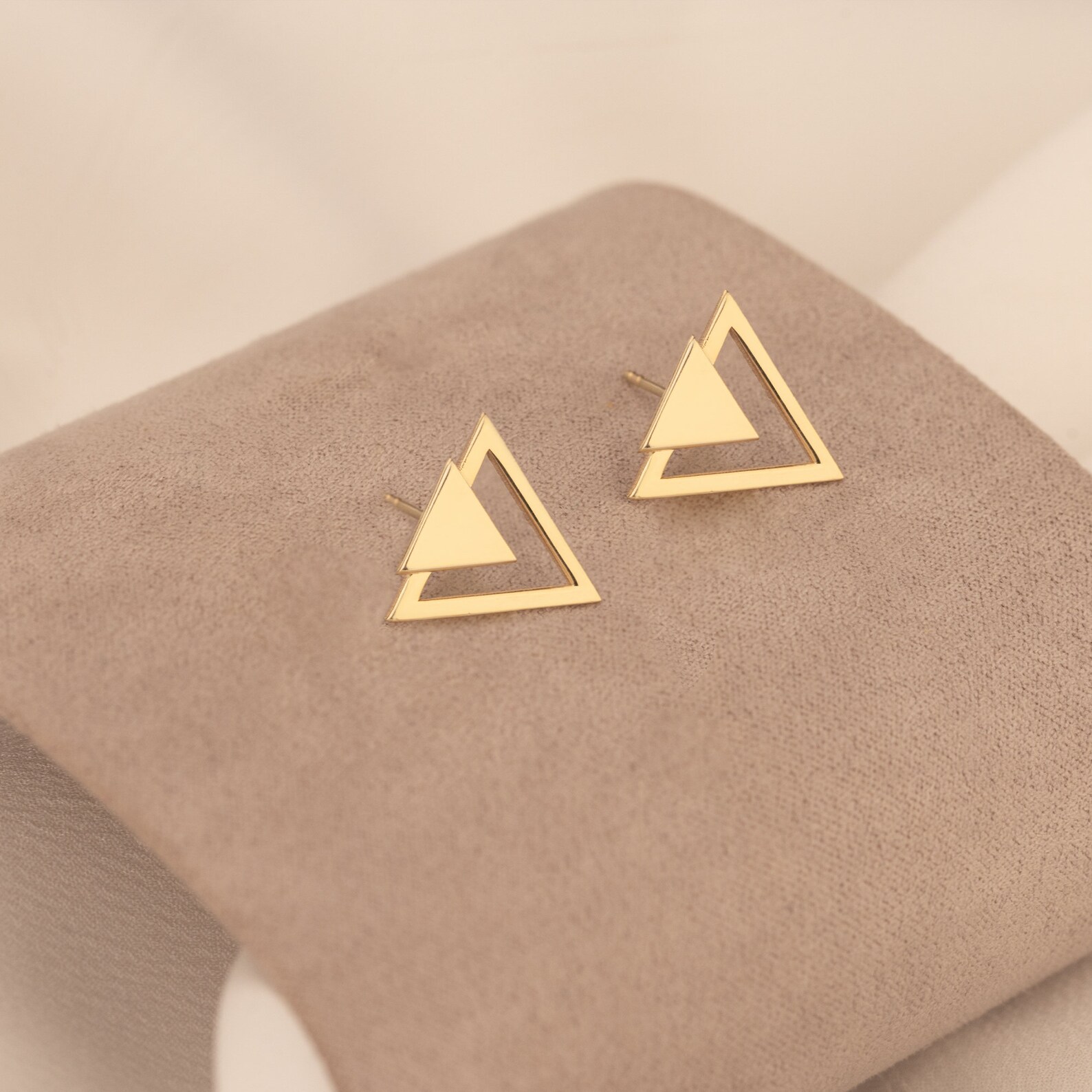 14K Solid Gold Geometric Triangle Stud Earrings - Minimalist Double ...
