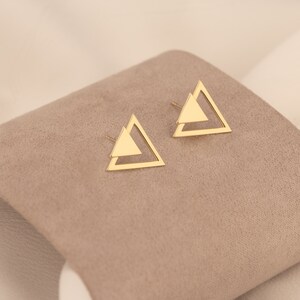 14K Solid Gold Geometric Triangle Stud Earrings - Minimalist Double Triangle Earrings - 14K ...