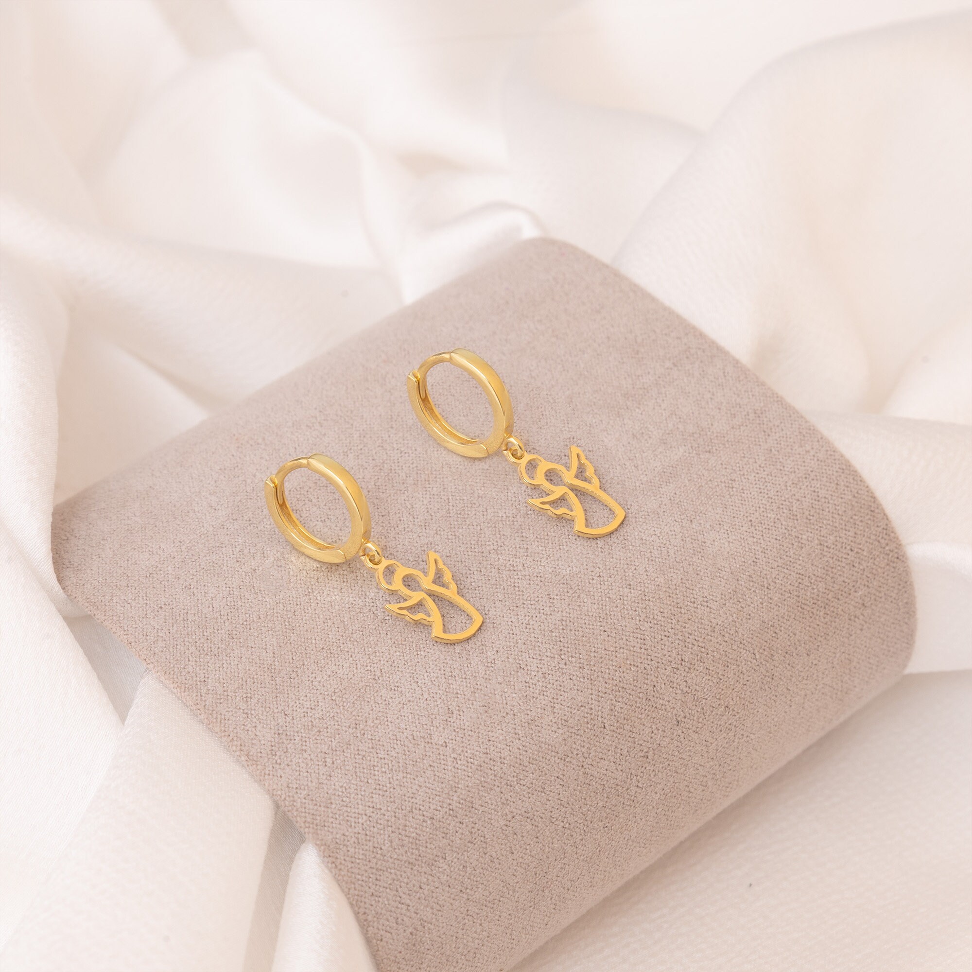 14K Solid Gold Angel Hoop Earrings - Minimalist Angel Stud Earring ...
