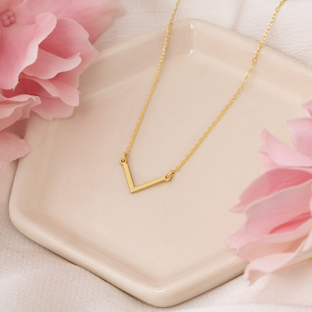 14K Solid Gold V Necklace 14K Real Gold Chevron Pendant - Etsy