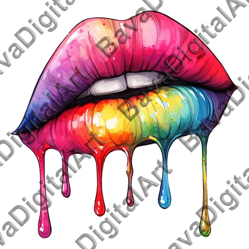 Multi-colored Kiss. Watercolor Images of Multi-colored Lips. Dripping ...