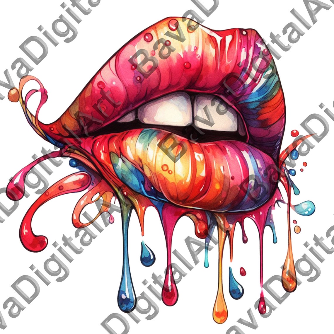 Multi-colored Kiss. Watercolor Images of Multi-colored Lips. Dripping ...