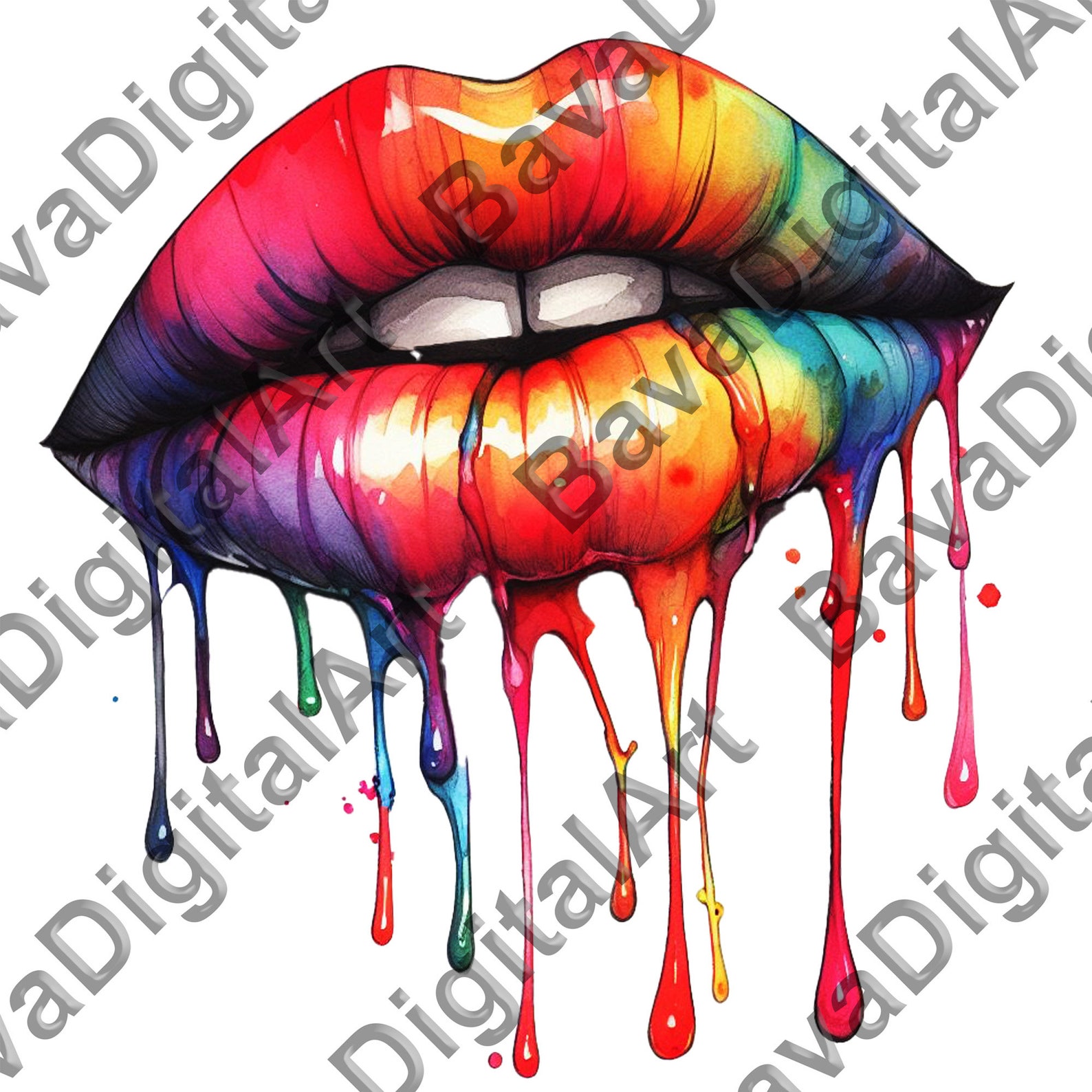 Multi-colored Kiss. Watercolor Images of Multi-colored Lips. Dripping ...