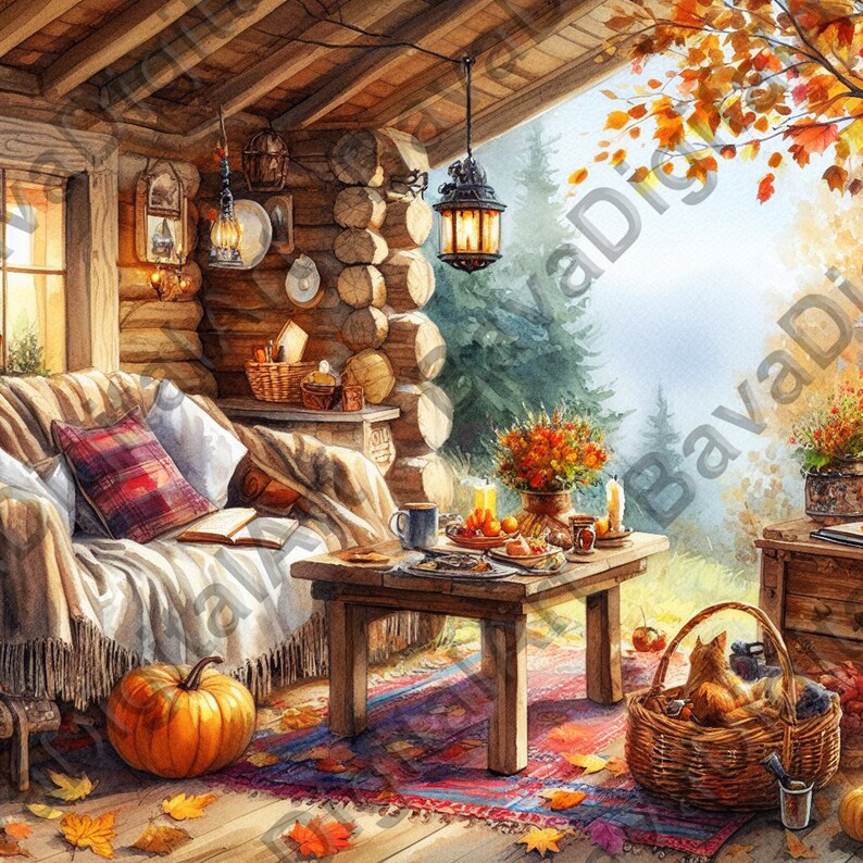 Autumn Comfort. Watercolor Clipart. Autumn Cozy Interiors. Harvest of ...