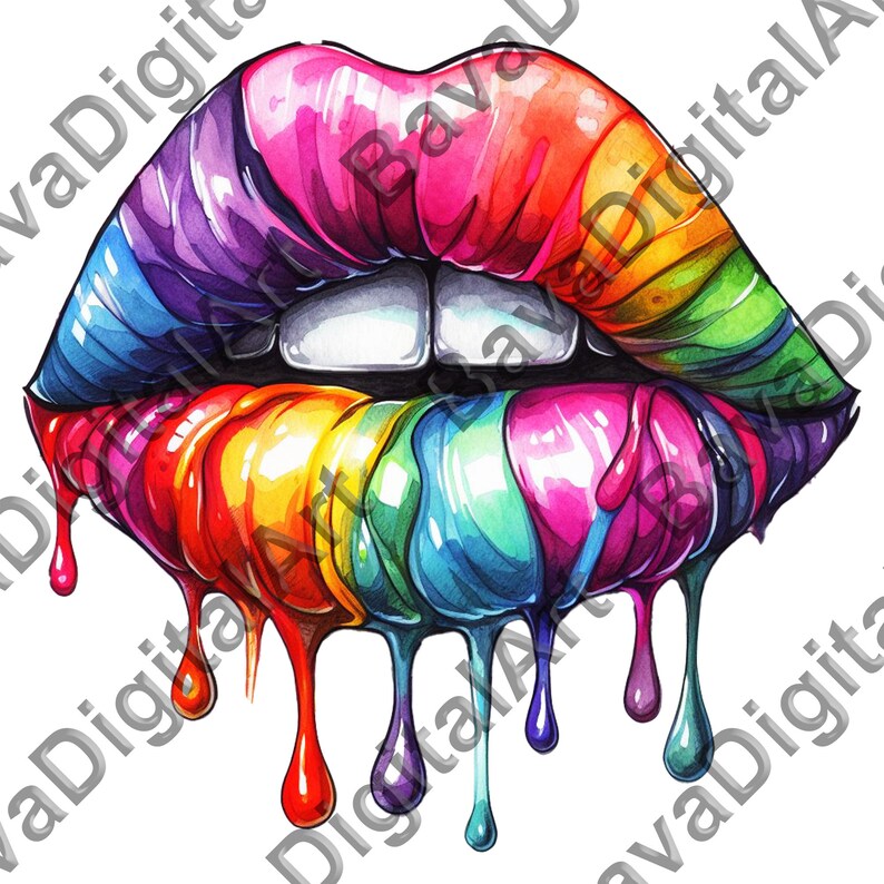 Multi-colored Kiss. Watercolor Images of Multi-colored Lips. Dripping ...