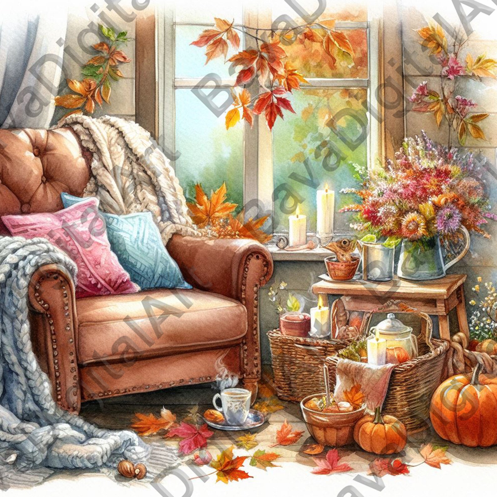 Autumn Comfort. Watercolor Clipart. Autumn Cozy Interiors. Harvest of ...