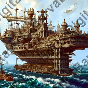 A Huge Floating Steampunk City. Fantastic Multi-story Ship. 1 JPG Image ...