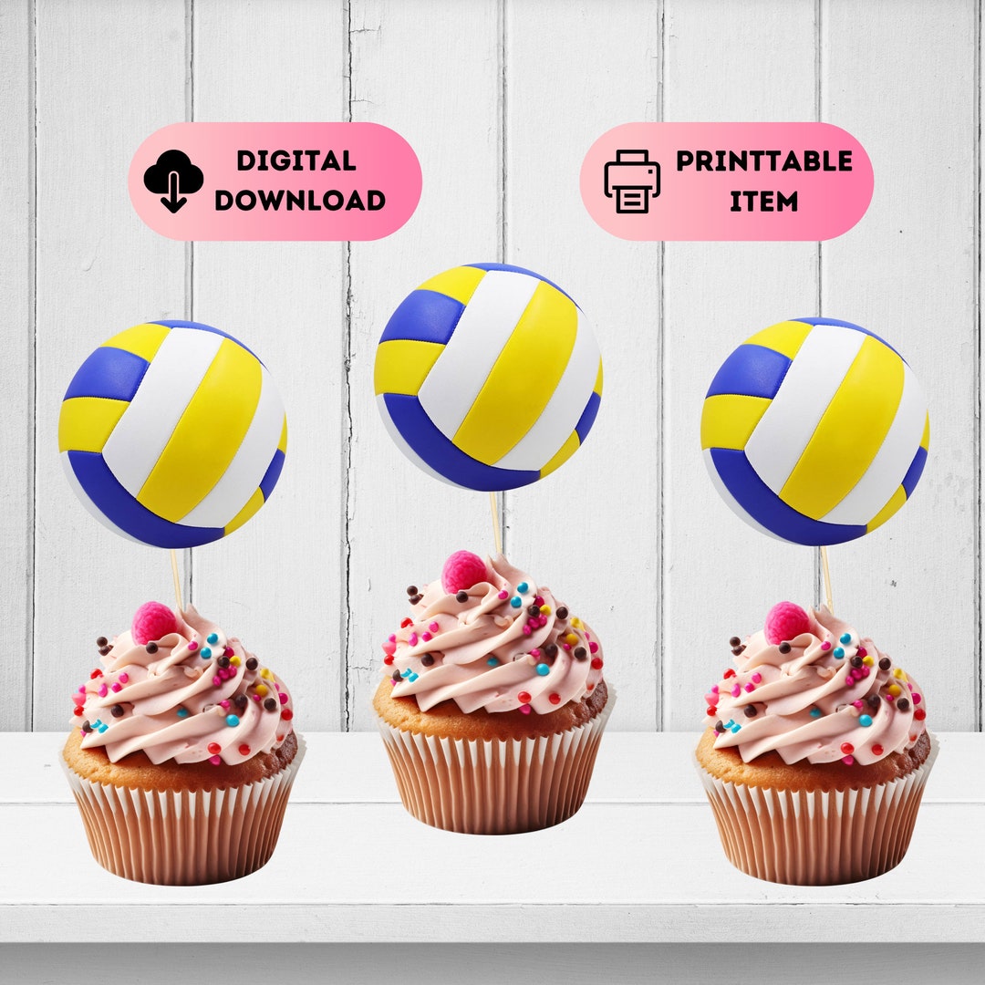 Volleyball Cupcake Toppers,blue and Yellow Ball Party Decor,sports ...