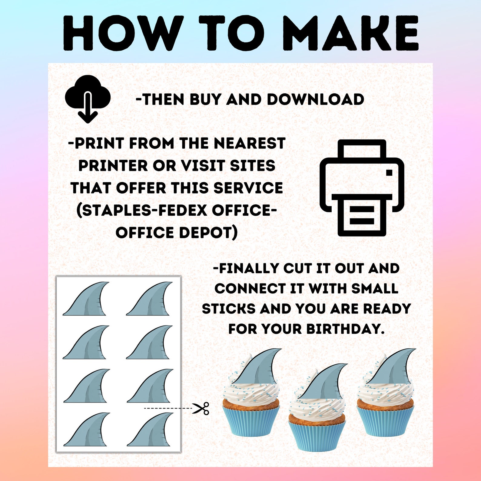 Printable Shark Fin Cupcake Toppers,under the Sea Birthday Party Decal ...