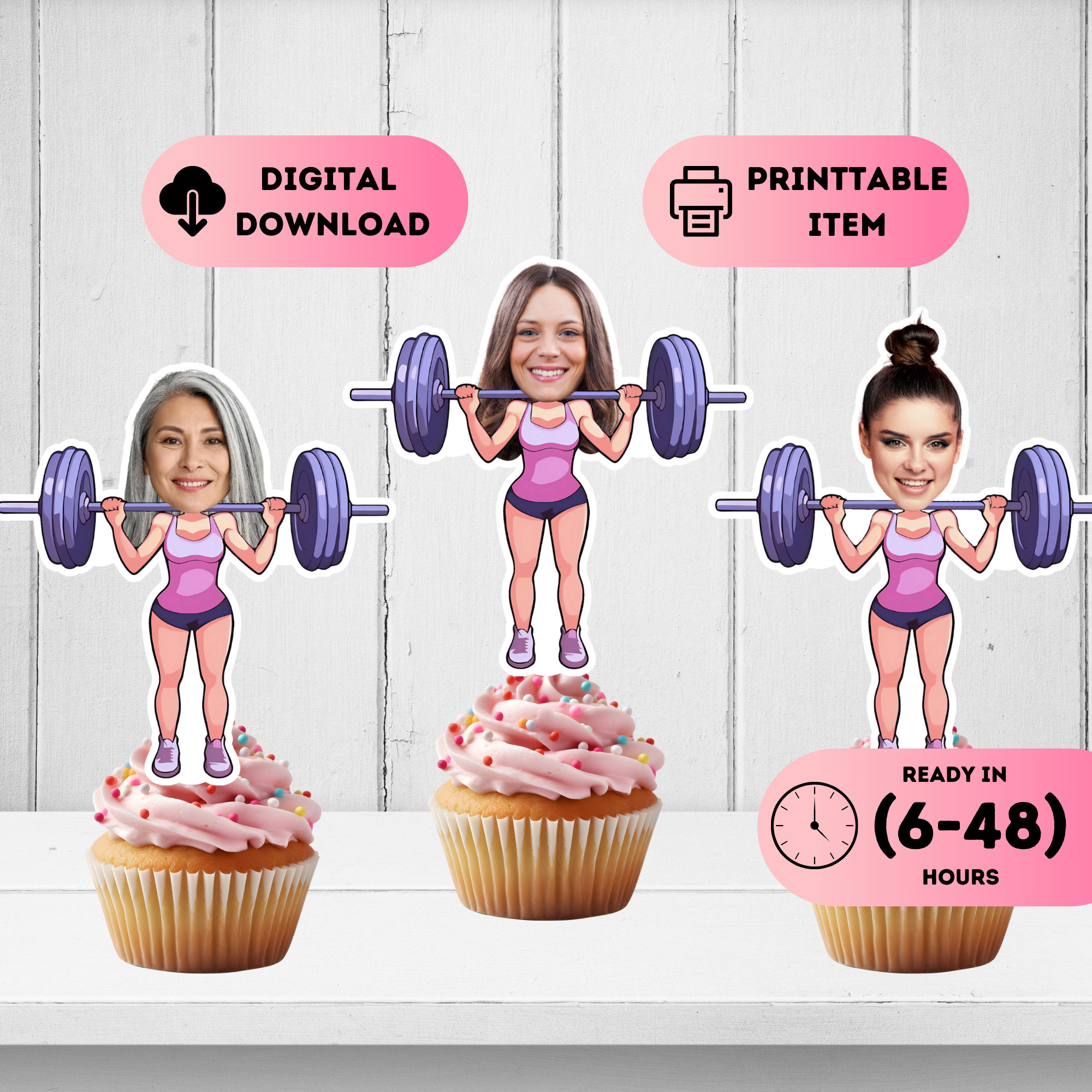 Female Powerlifting Face Cupcake Toppers,muscle Women Party Themed,gym ...