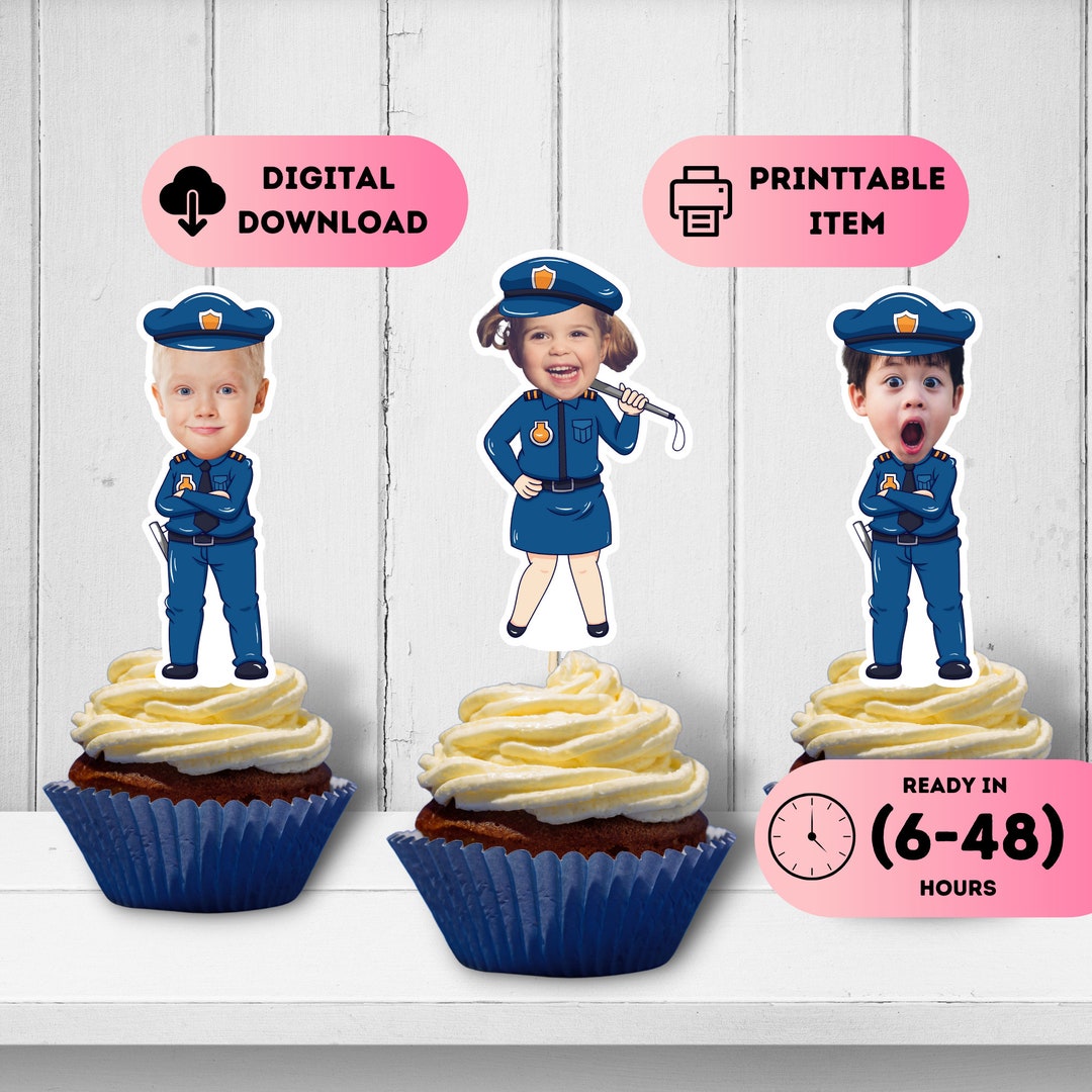 Police Cupcake Toppers,police Hat Party Decor,policeman Face Toppers ...