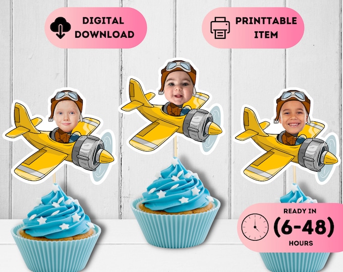Airplane Pilot's Hat Photo Face Birthday Cupcake Toppers Digital File ...