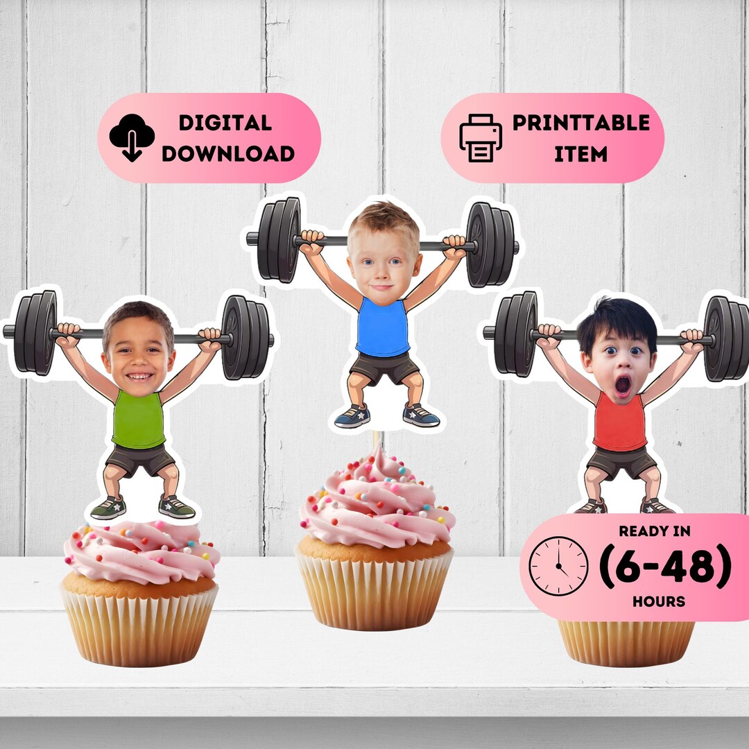 Weightlifter Kids Face Cupcake Toppers,gym Party Head Decor ...
