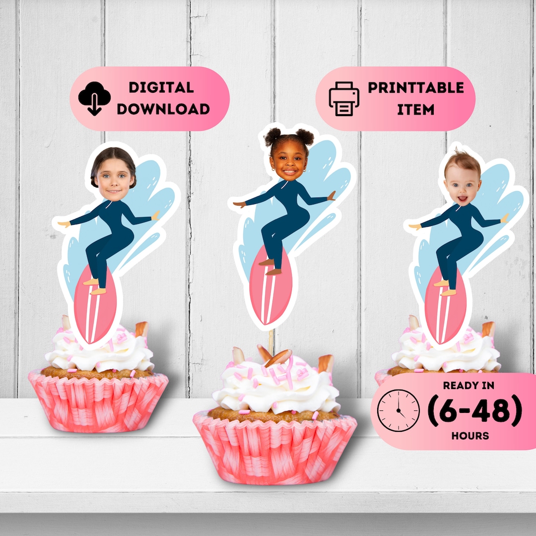 Custom Surfer Face Cupcake Toppers, Hawaii Party Decor (printable Face ...