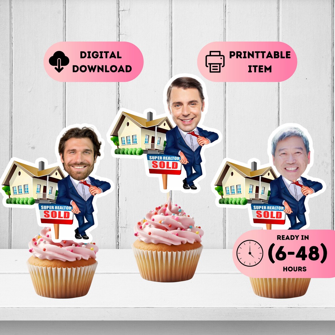 Custom Realtor Head Cupcake Toppers,real Estate Agent Party Themed ...