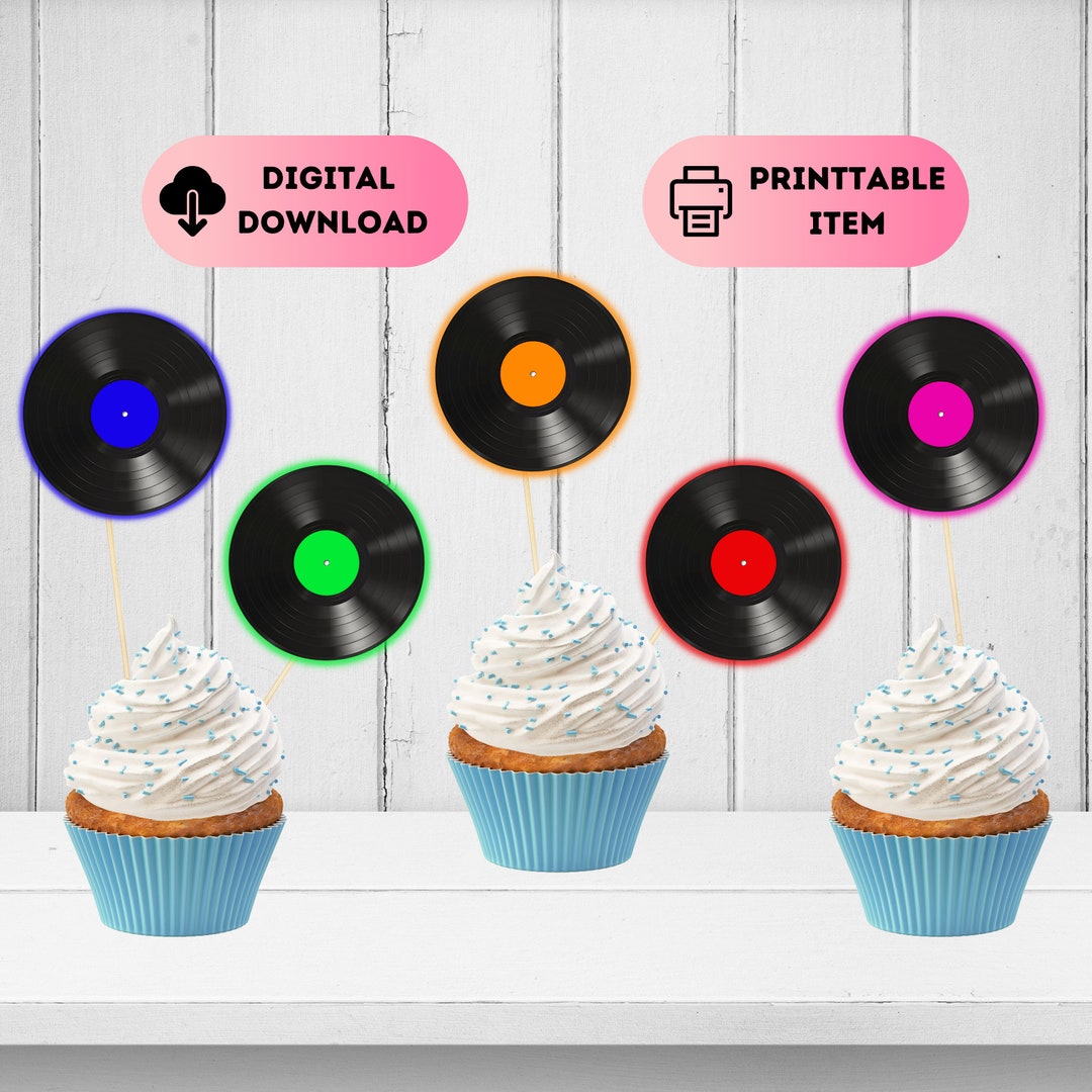 Neon Vinyl Record Cupcake Toppers,80s Cake Decal,disco Party Theme,jive ...
