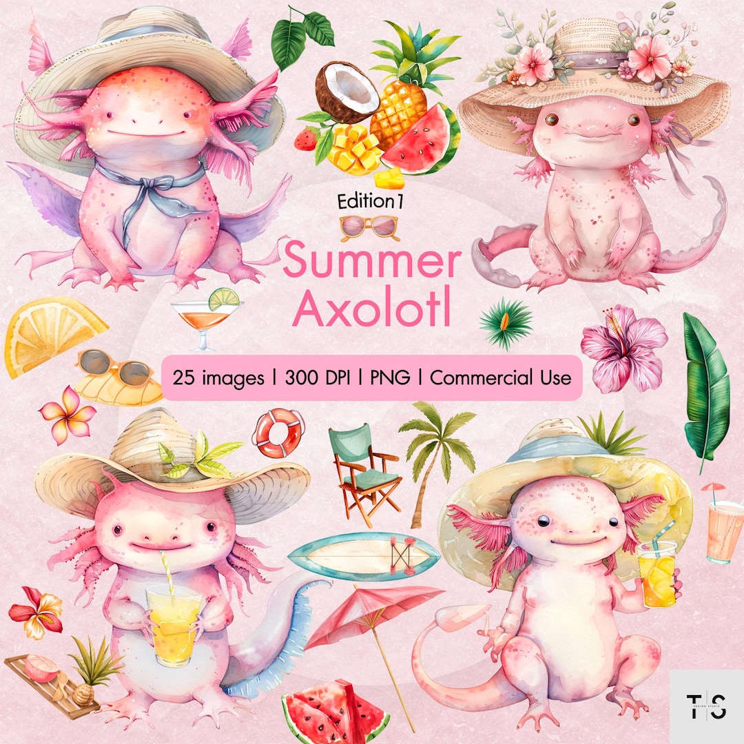 Summer Axolotl Clipart Bundle | 25 PNG Images With Tropical Props | 300 ...