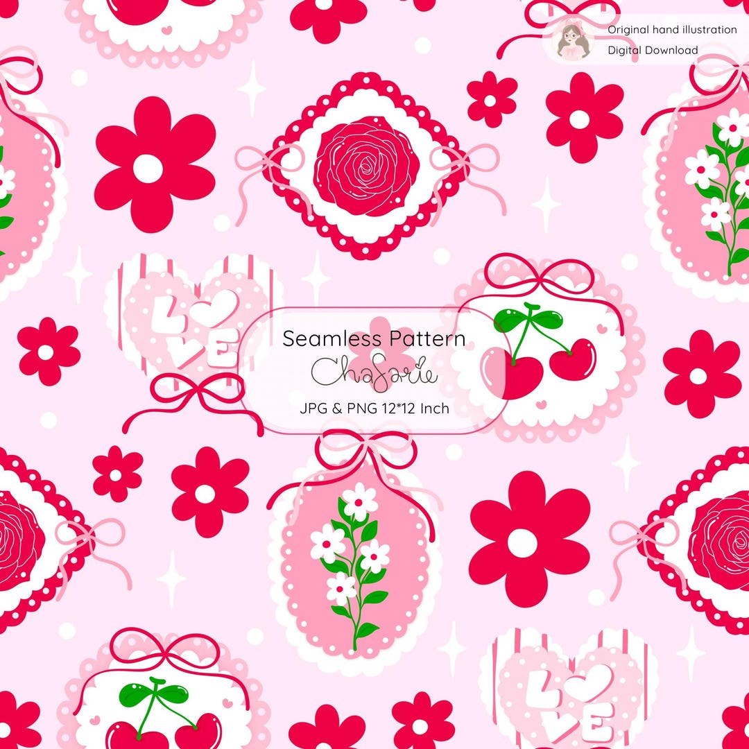 Sweet Cherry Coquette Seamless Pattern PNG JPG, Cute Pink Floral Bow ...