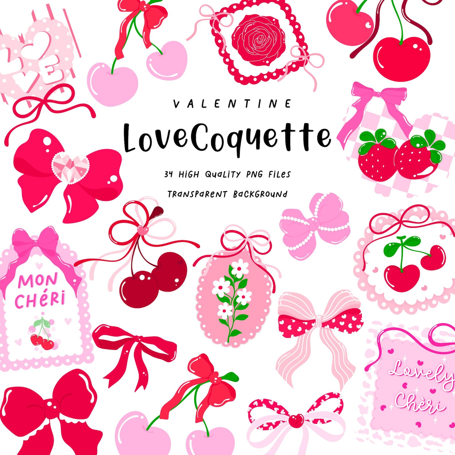 Love Coquette Valentine Clipart Set, Cherry Bow Heart PNG, Cute Pink ...