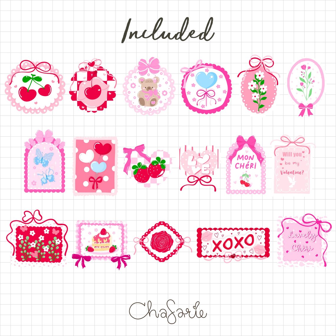 Love Coquette Valentine Clipart Set, Cherry Bow Heart PNG, Cute Pink ...