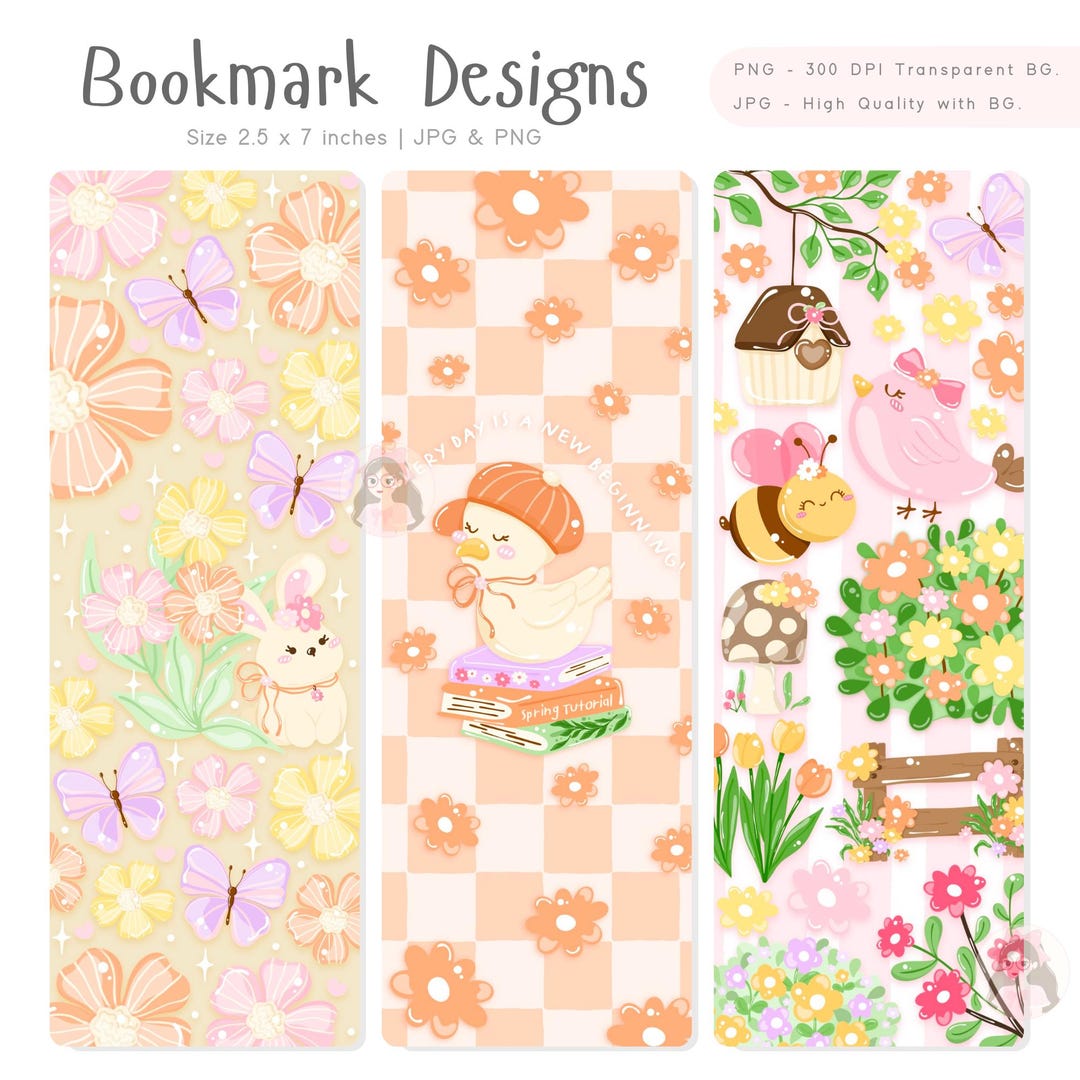 Spring Cute Bookmark Set PNG JPG, Pastel Animal Floral Bookmark ...