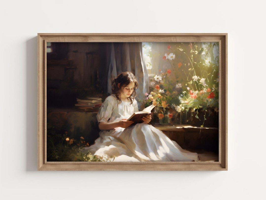 Girl With Book Oil Painting, Reading Girl Art Print, Woman Reading Art ...