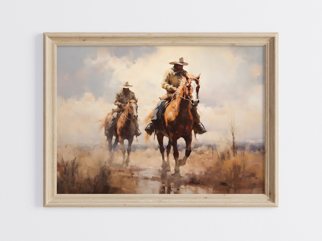 Cowboy Riding Horse Art Print, Western Vintage Oil Painting, Retro Oil ...