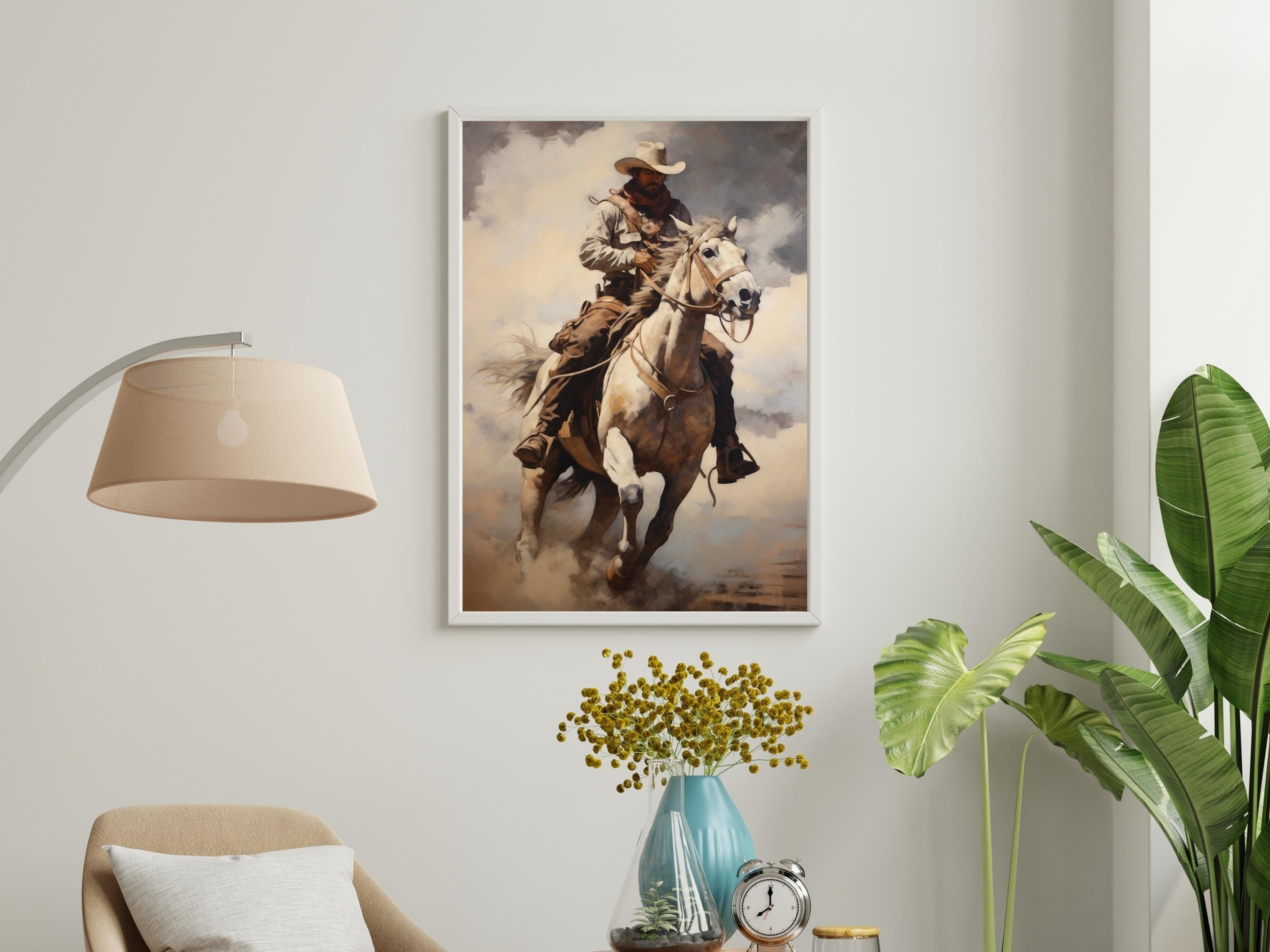 Cowboy Riding Horse Painting, Western Wall Art, Cowboy Art Print ...