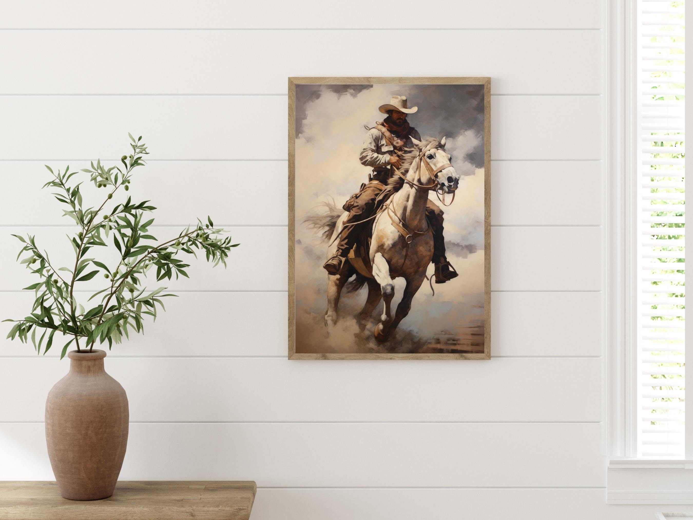 Cowboy Riding Horse Painting, Western Wall Art, Cowboy Art Print ...