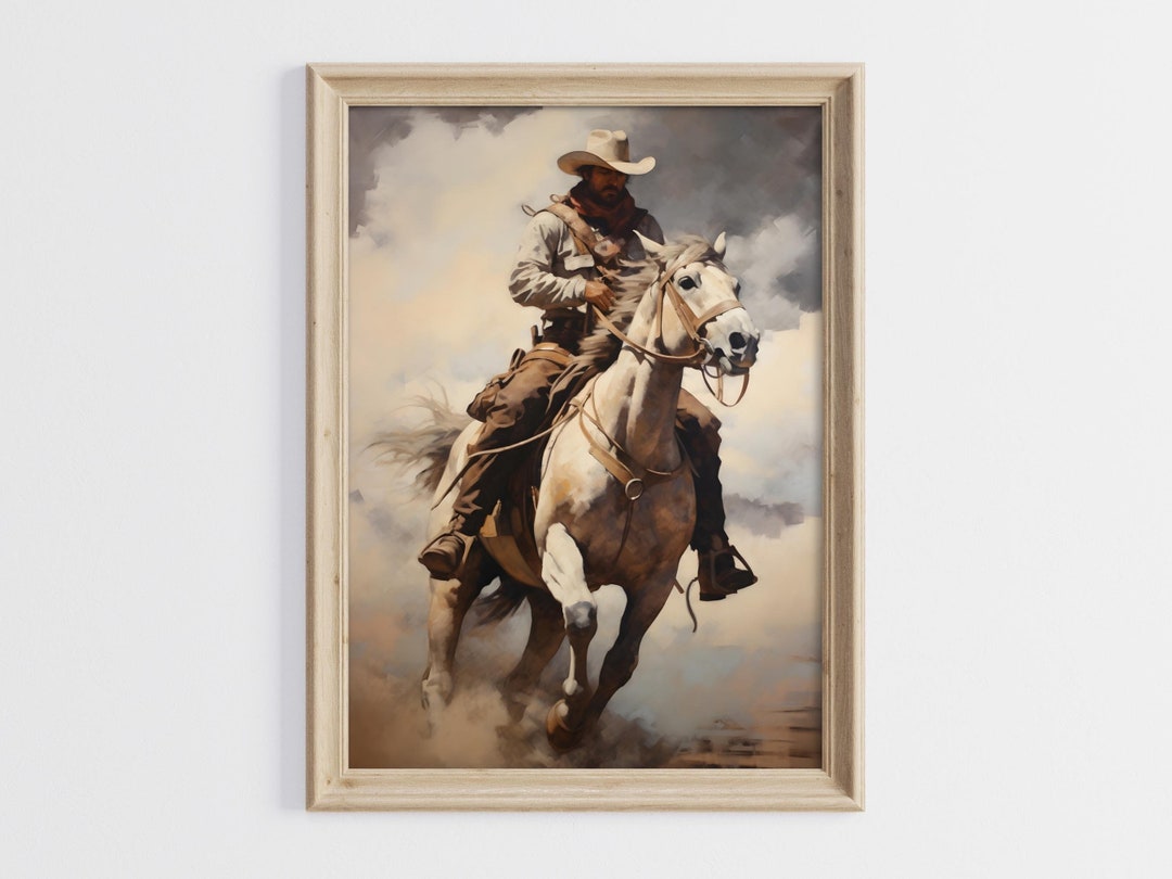 Cowboy Riding Horse Painting, Western Wall Art, Cowboy Art Print ...