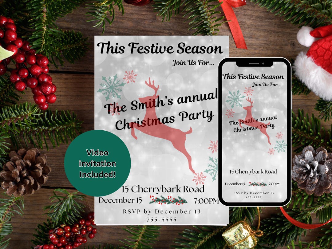 Editable Christmas Party Digital Invitation, Reindeer Christmas ...