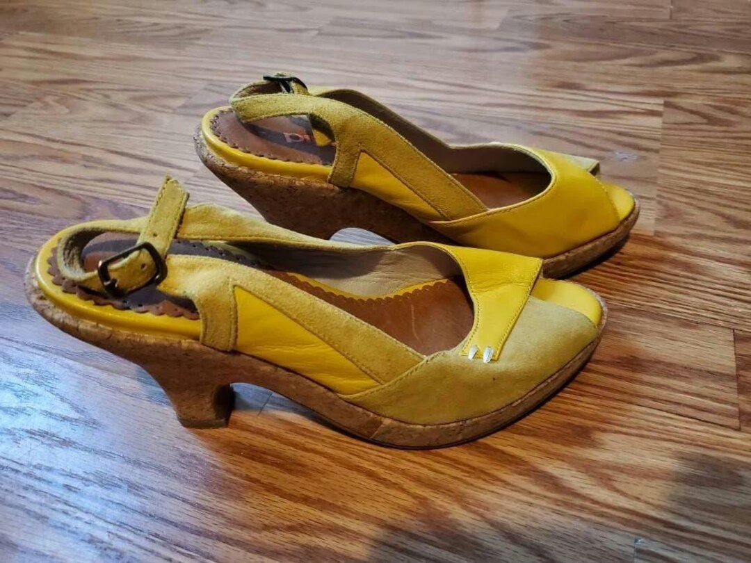 Retro 70s Look Vintage Bright Yellow+mustard Yellow Peep Toe Leather ...