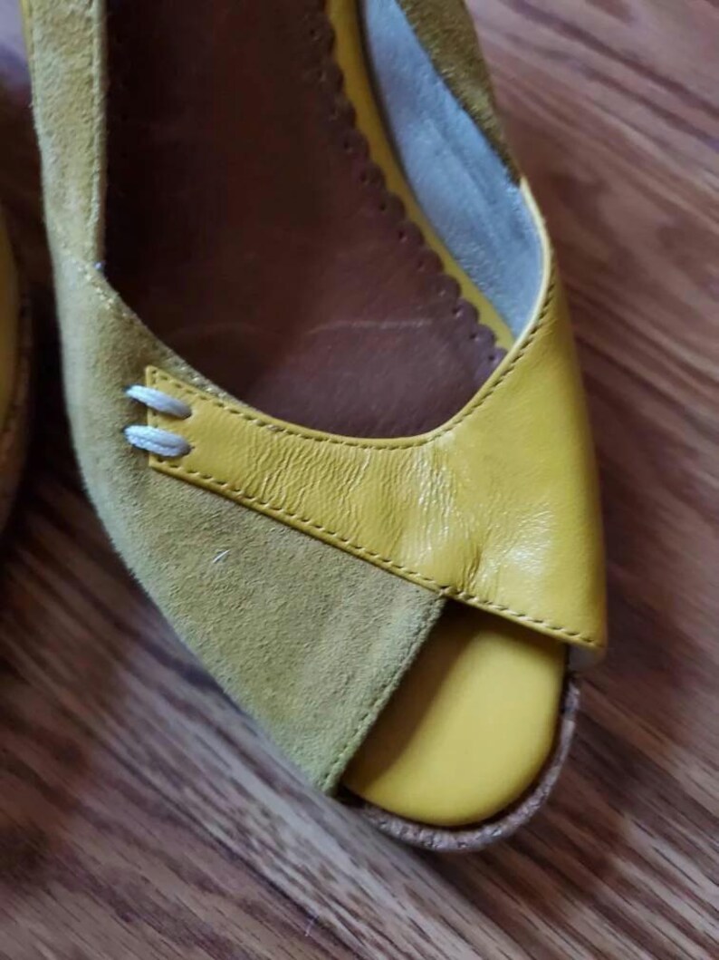 Retro 70s Look Vintage Bright Yellow+mustard Yellow Peep Toe Leather ...