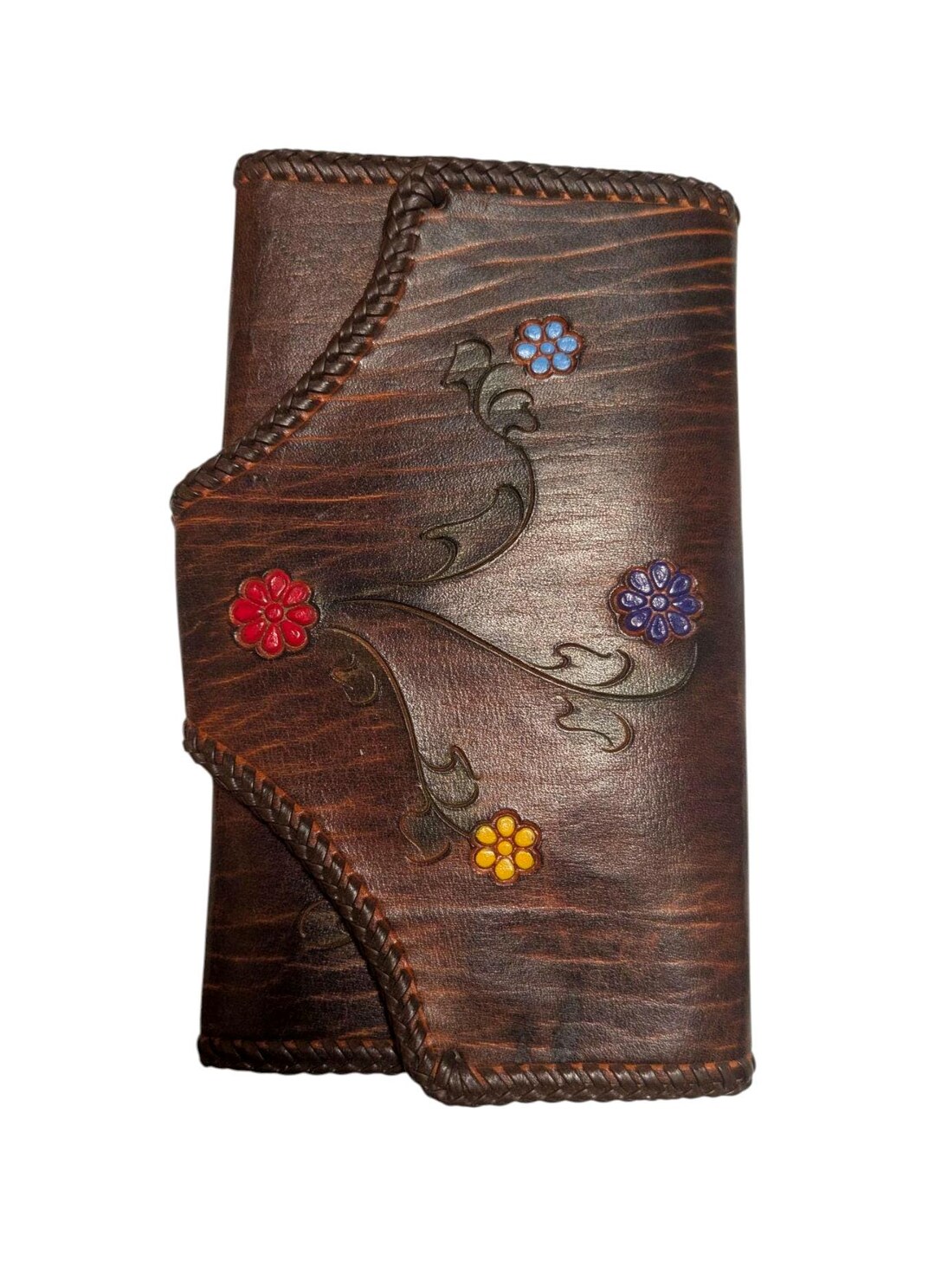 Vintage 60's Hand Tooled Leather Wallet/ Boho Painted Brown Leather Tri ...