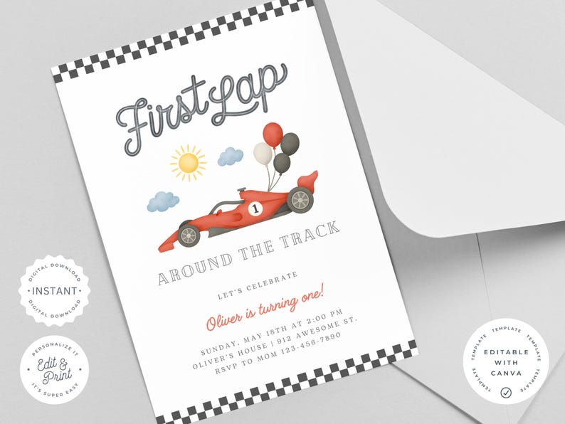 First Lap Around the Track Birthday Invitation, Formula One Race Car ...