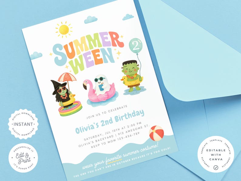 Summerween Birthday Invitation, Girl 2nd Pool Party Printable Invite ...