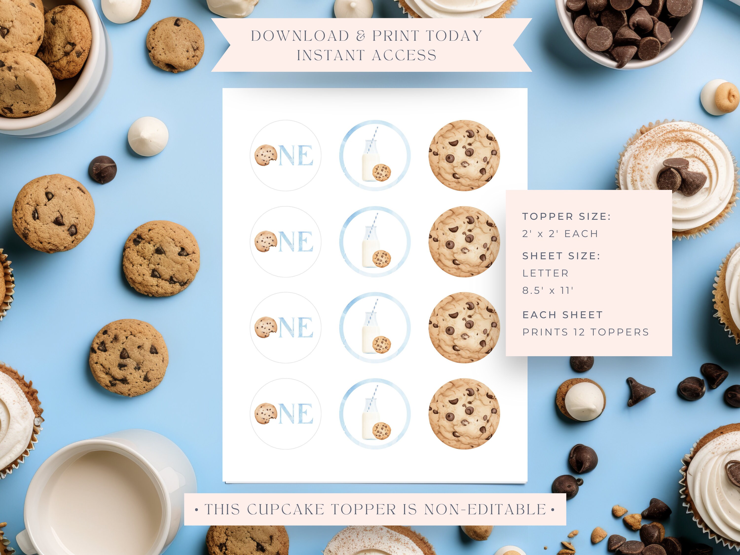One Sweet Cookie Theme Cupcake Topper, Instant Download, Ready to Print ...