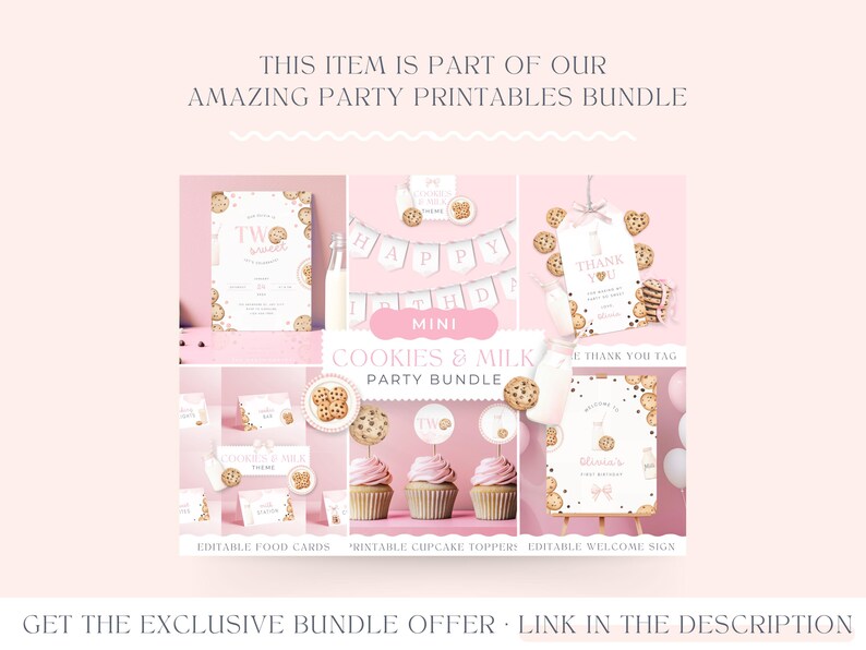 Milk Cookies Cupcake Toppers, Two Sweet Birthday, Pink Cookies and Milk ...